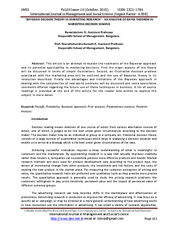 Pdf Bayesian Decision Theory In Marketing Research” An Analysis Of Bayes Theorem In