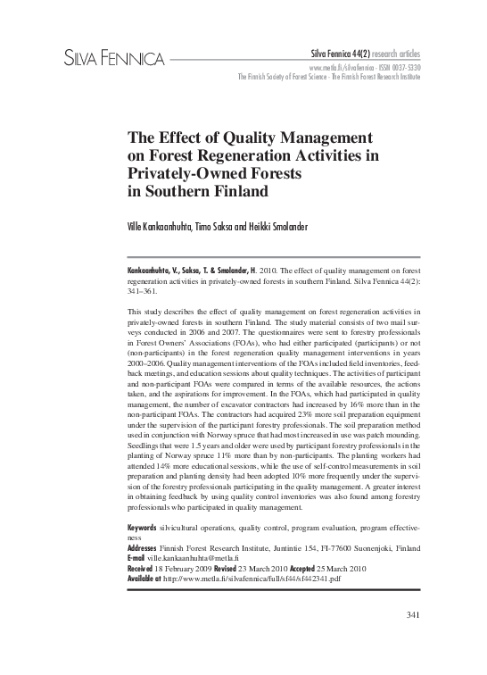 (PDF) The effect of quality management on forest regeneration activities in privately-owned ...