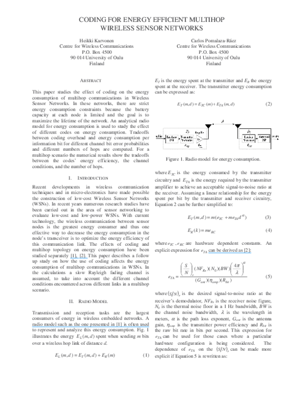 Pdf Coding For Energy Efficient Multihop Wireless Sensor Networks