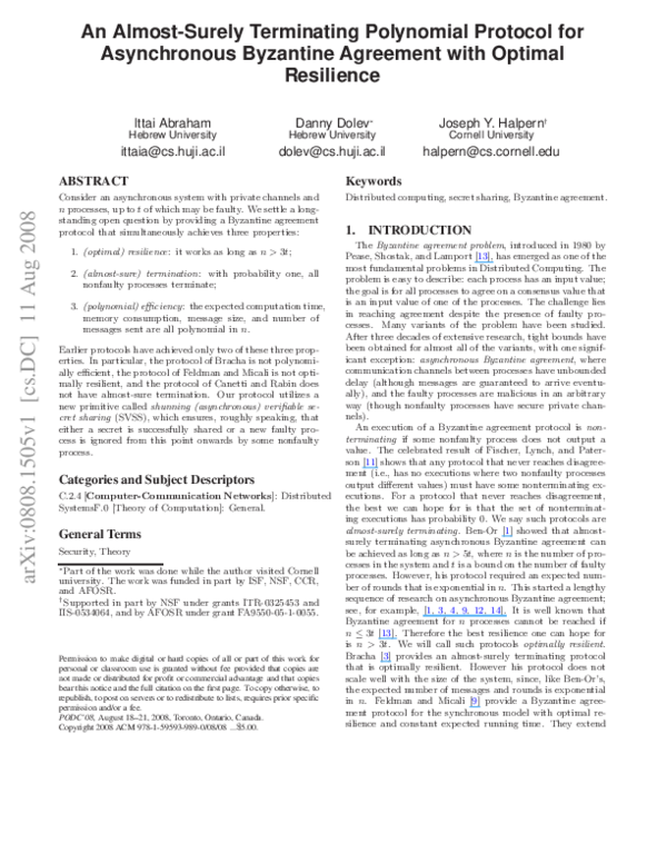 (PDF) An almost-surely terminating polynomial protocol for asynchronous byzantine agreement with ...
