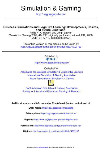 (PDF) Business Simulations and Cognitive Learning: Developments, Desires, and Future Directions