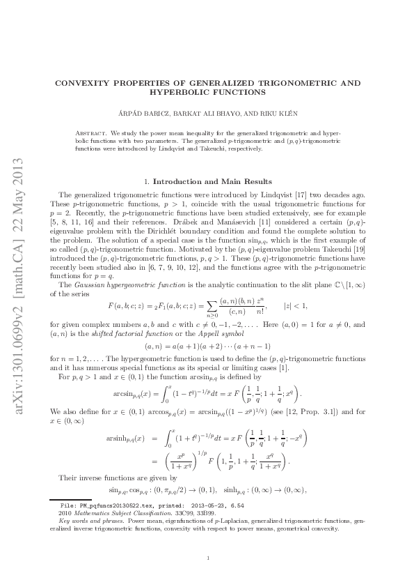 Pdf Convexity Properties Of Generalized Trigonometric And Hyperbolic