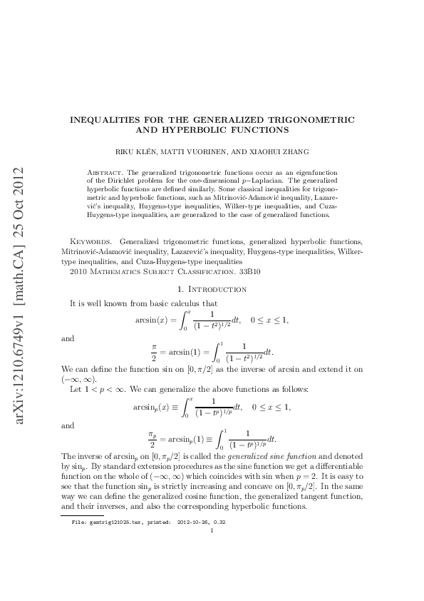 Pdf Inequalities For The Generalized Trigonometric And Hyperbolic Functions