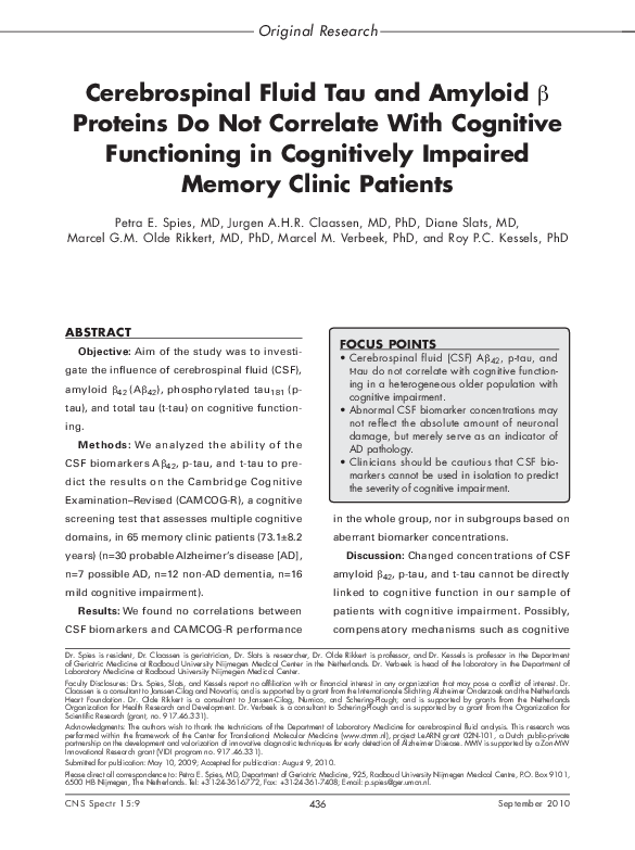 (PDF) Cerebrospinal Fluid Biomarkers and Clinical Progression in Patients with Subjective ...