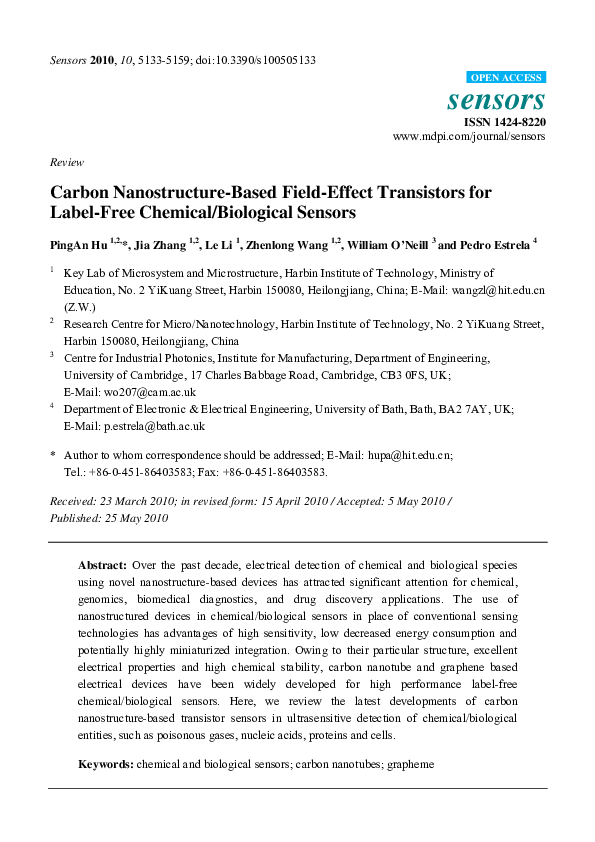 (PDF) Carbon Nanostructure-Based Field-Effect Transistors for Label-Free Chemical/Biological Sensors