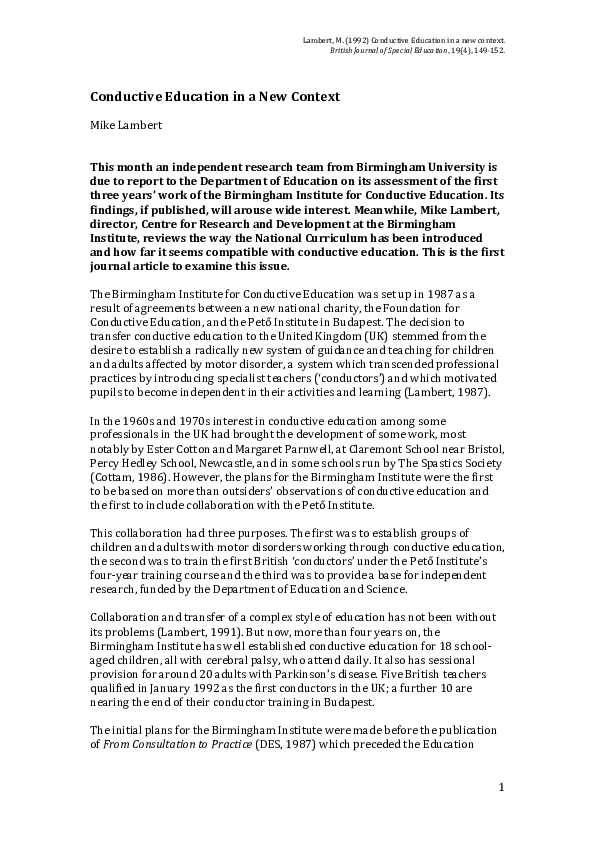 (PDF) Conductive education in a new context