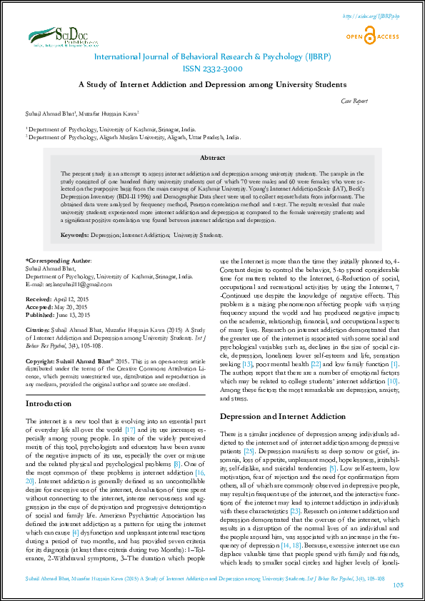 (PDF) A Study of Internet Addiction and Depression among University ...