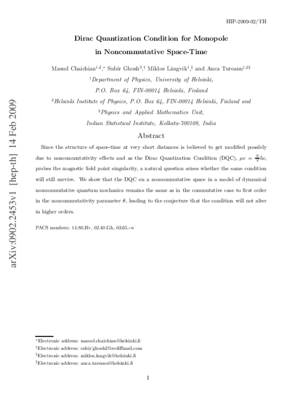 Pdf Dirac Quantization Condition For Monopole In Noncommutative Space