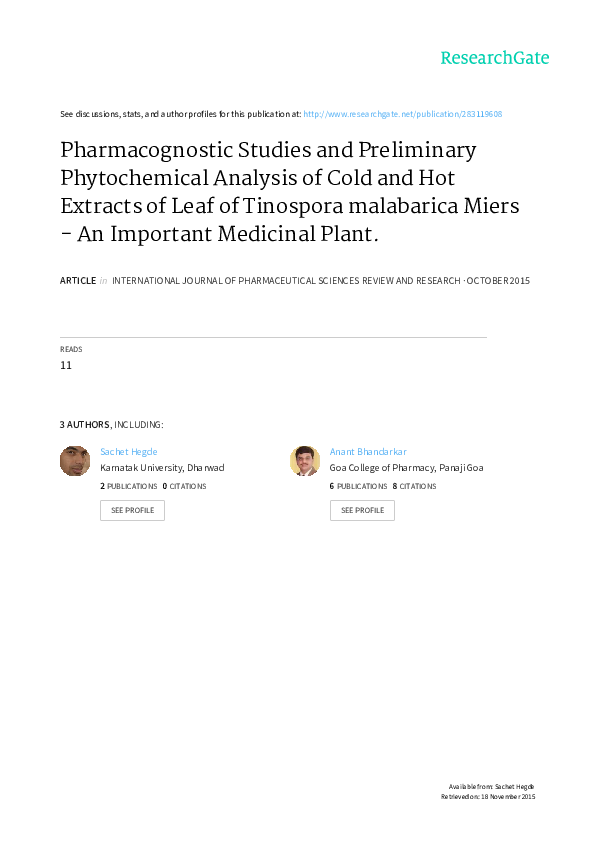 (PDF) Pharmacognostic Studies and Preliminary Phytochemical Analysis of ...