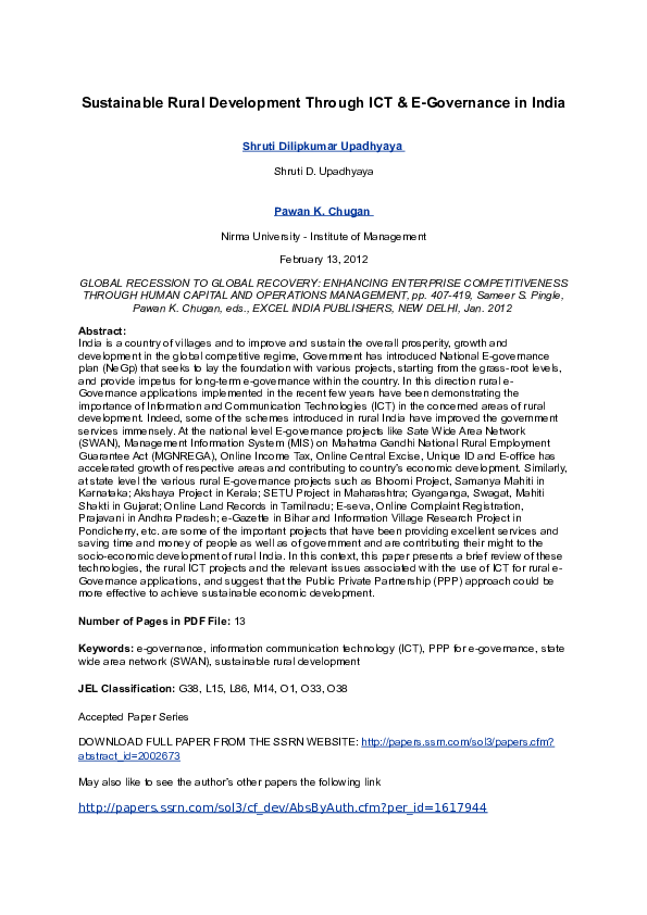 (DOC) Sustainable Rural Development Through ICT & E-Governance in India