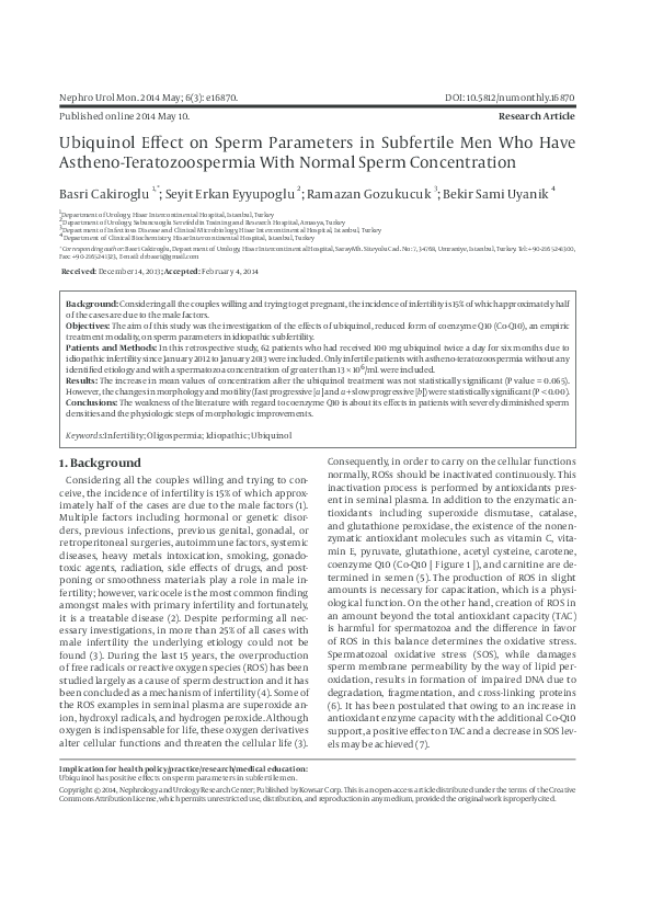 (PDF) Ubiquinol Effect on Sperm Parameters in Subfertile Men Who Have ...