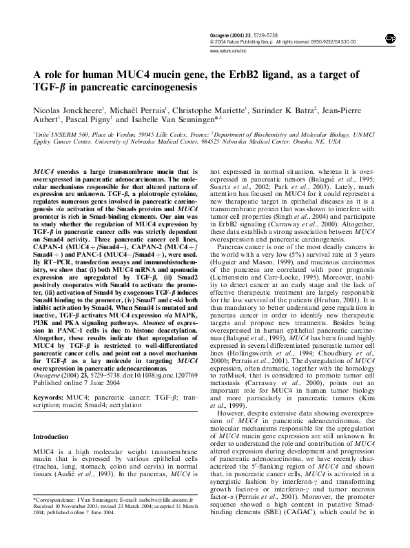 (PDF) TGF-β Regulation of MUC4 in Pancreatic Carcinogenesis