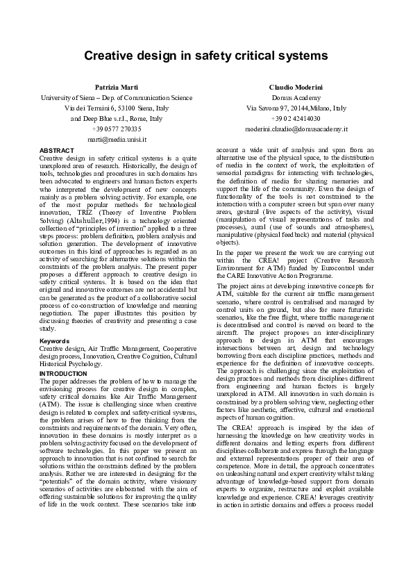 (PDF) Creative Design In Safety Critical Systems