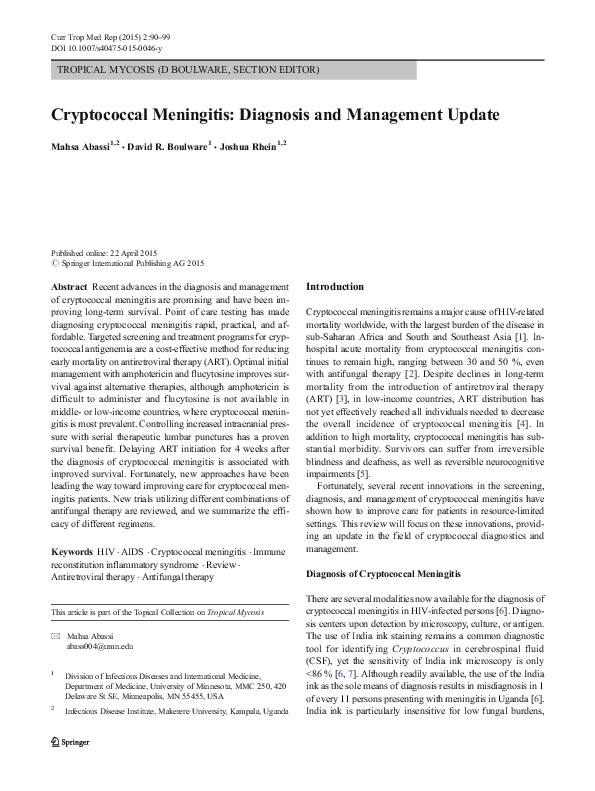 (PDF) Cryptococcal Meningitis: Diagnosis and Management Update