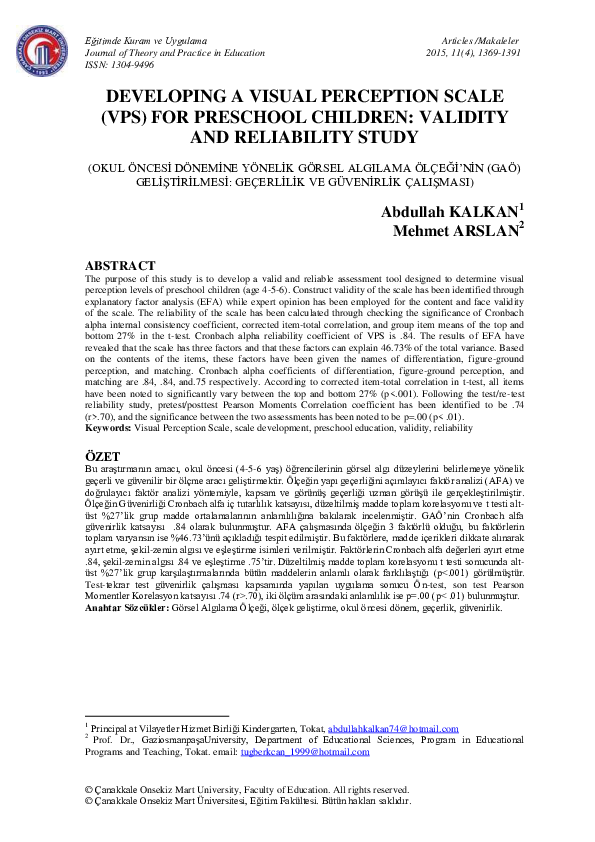 (PDF) DEVELOPING A VISUAL PERCEPTION SCALE (VPS) FOR PRESCHOOL CHILDREN ...