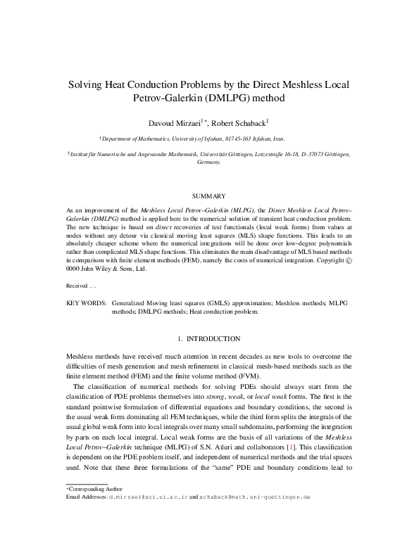 (PDF) Solving heat conduction problems by the Direct Meshless Local Petrov-Galerkin (DMLPG) method