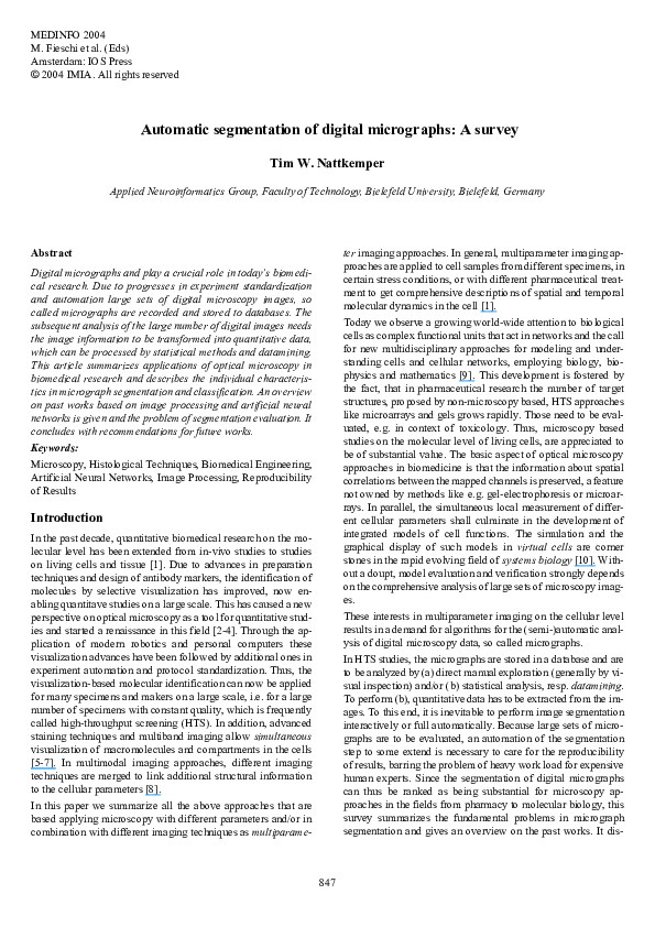 (PDF) Automatic segmentation of digital micrographs: A survey