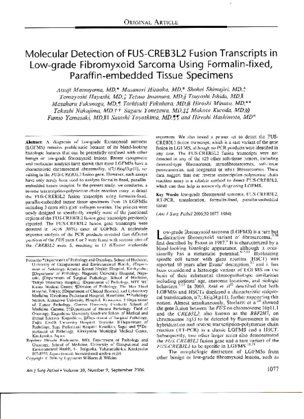 (PDF) Molecular Detection of FUS-CREB3L2 Fusion Transcripts in Low-grade Fibromyxoid Sarcoma ...