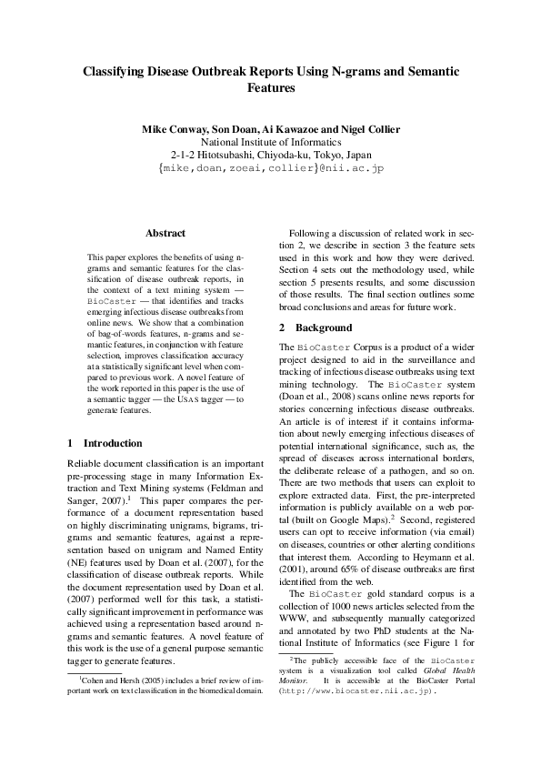 Pdf Classifying Disease Outbreak Reports Using N Grams And Semantic