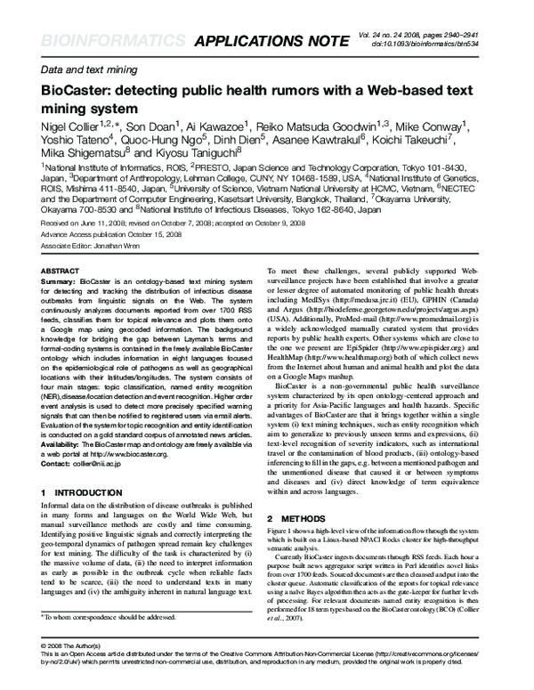 Pdf Biocaster Detecting Public Health Rumors With A Web Based Text Mining System