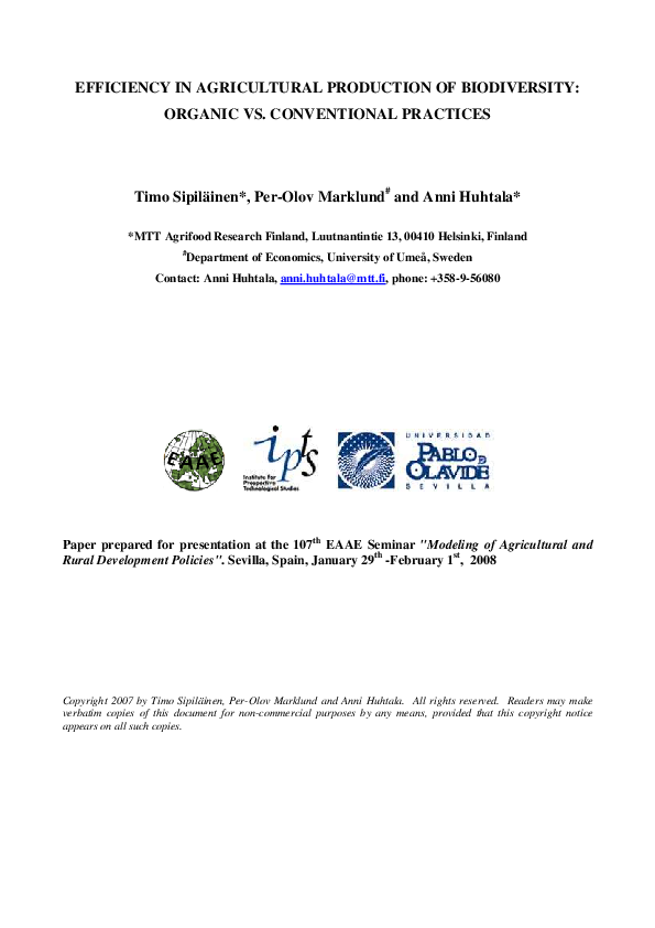 (PDF) EFFICIENCY IN AGRICULTURAL PRODUCTION OF BIODIVERSITY: ORGANIC VS ...
