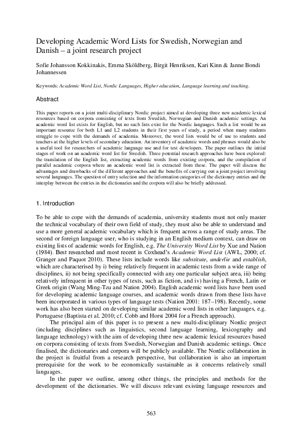 (PDF) Developing Academic Word Lists for Swedish, Norwegian and Danish ...