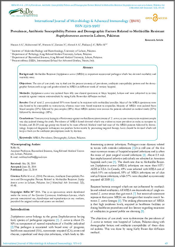 (PDF) Prevalence, Antibiotic Susceptibility Pattern and Demographic Factors Related to ...