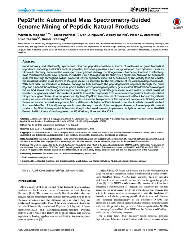 (PDF) Pep2Path: automated mass spectrometry-guided genome mining of ...