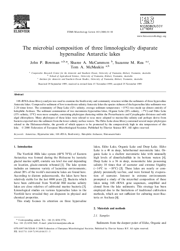 (PDF) The microbial composition of three limnologically disparate hypersaline Antarctic lakes ...