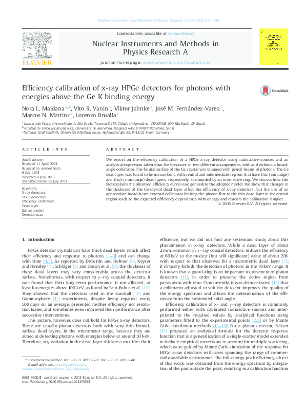 (PDF) Efficiency calibration of x-ray HPGe detectors for photons with energies above the Ge K ...