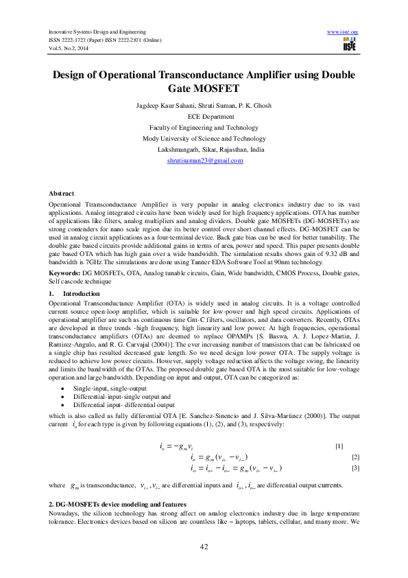 (PDF) Design of Operational Transconductance Amplifier using Double Gate MOSFET