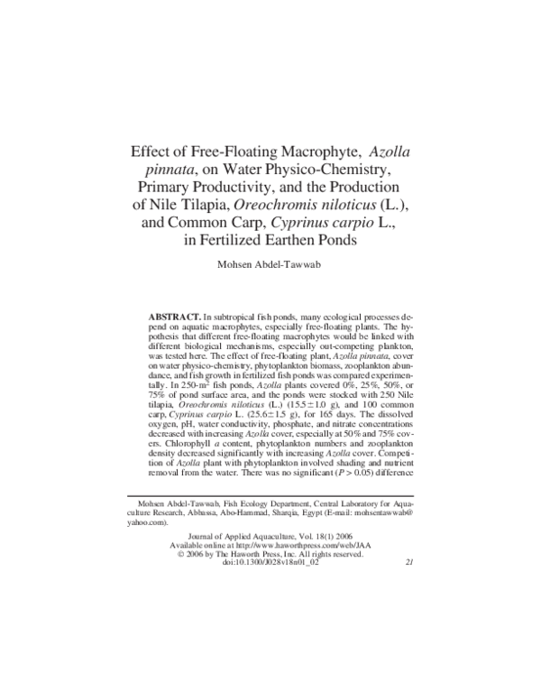 (PDF) Effect of Free-Floating Macrophyte, Azolla pinnata, on Water ...