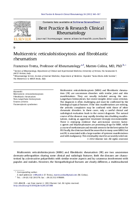 (PDF) Multicentric reticulohistiocytosis and fibroblastic rheumatism