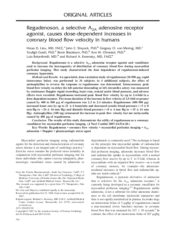 (PDF) Regadenoson, a selective A2A adenosine receptor agonist, causes ...