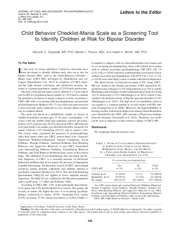 (PDF) Child Behavior Checklist-Mania Scale as a Screening Tool to ...