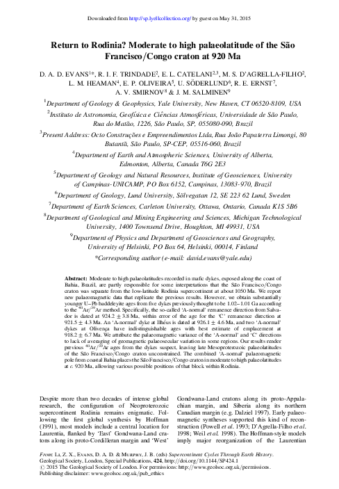 (PDF) Return to Rodinia? Moderate to high palaeolatitude of the Sao ...
