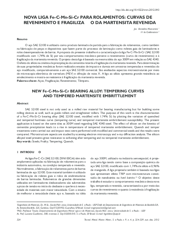(PDF) NEW Fe-C-Mn-Si-Cr BEARING ALLOY: TEMPERING CURVES AND TEMPERED MARTENSITE EMBRITTLEMENT