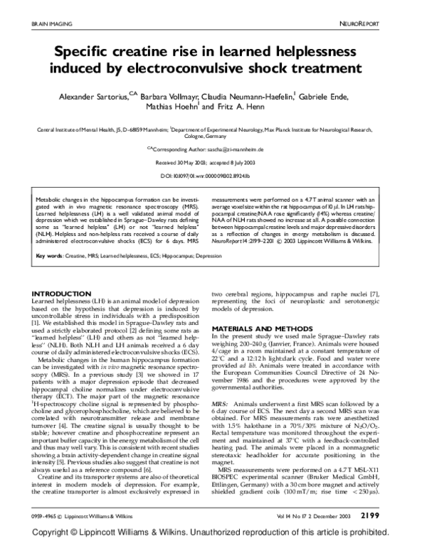 (PDF) Specific creatine rise in learned helplessness induced by ...