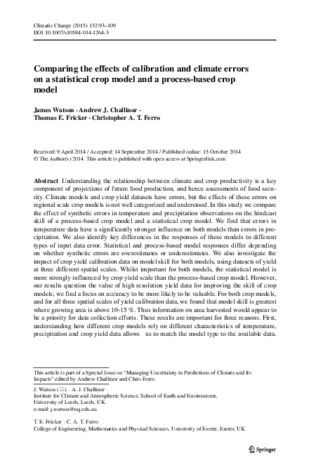 Pdf Comparing The Effects Of Calibration And Climate Errors On A Statistical Crop Model And A