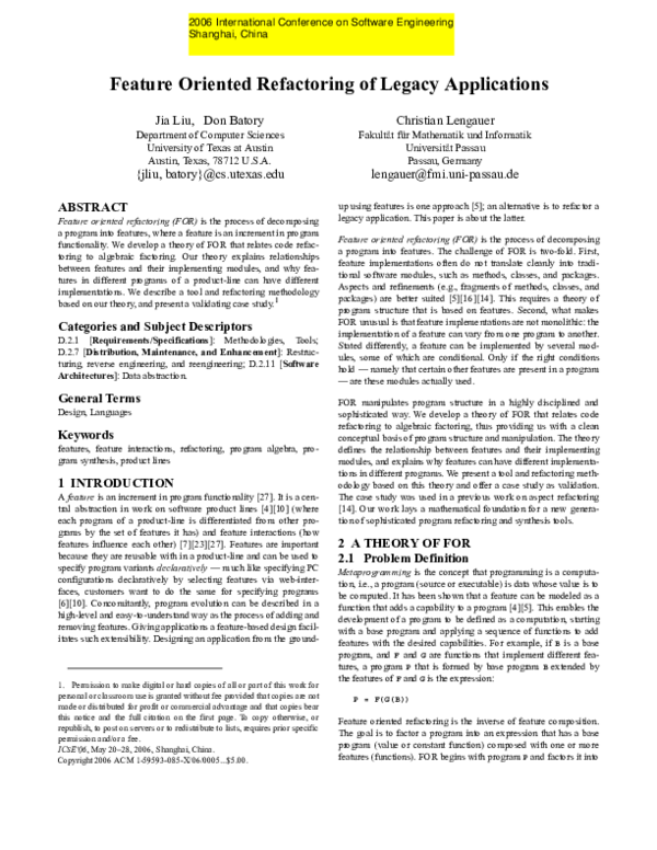 Pdf Feature Oriented Refactoring Of Legacy Applications