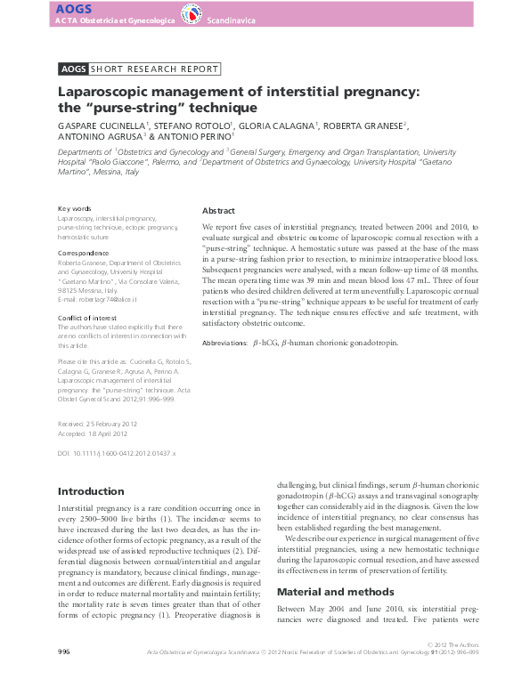 (PDF) Laparoscopic management of interstitial pregnancy: the “purse ...