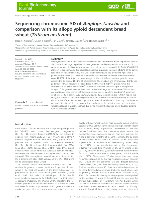 (PDF) Sequencing chromosome 5D of Aegilops tauschii and comparison with ...