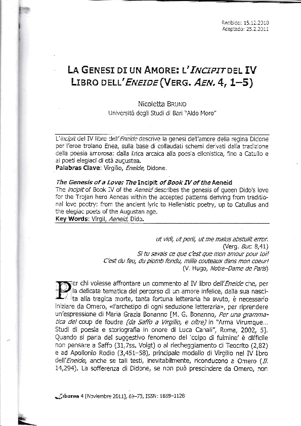 La genesi di un amore: l'" incipit" del IV libro dell'" Eneide, in "Liburna" Número 4. Dedicado ...