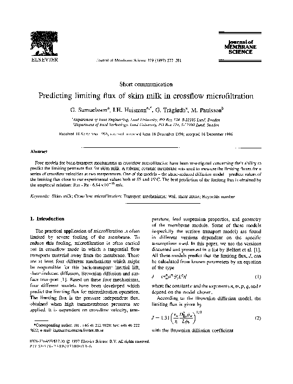 (PDF) Predicting limiting flux of skim milk in crossflow microfiltration
