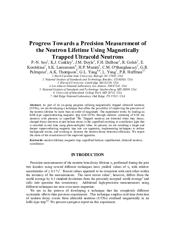 (PDF) Magnetic trapping of neutrons | Paul Huffman, G. Greene, and S. Lamoreaux - Academia.edu