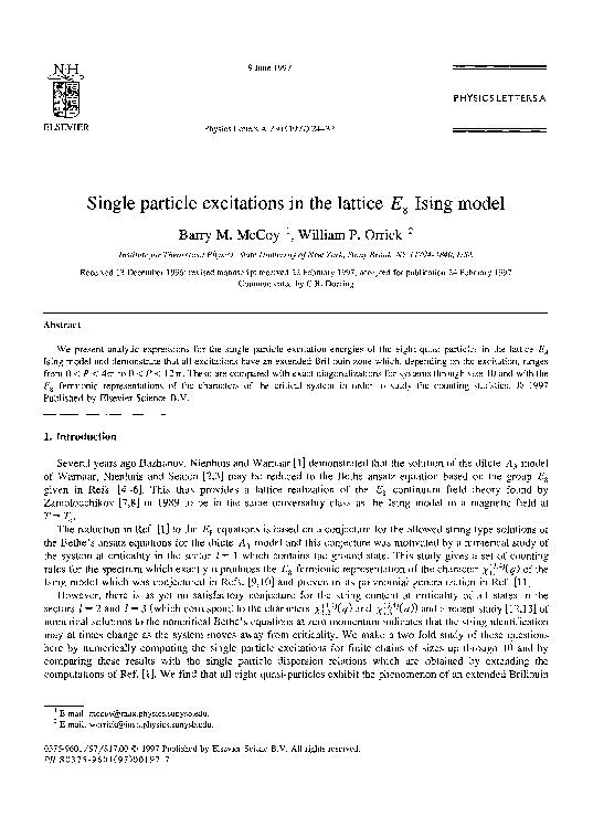 (PDF) Single particle excitations in the lattice E8 Ising model ...