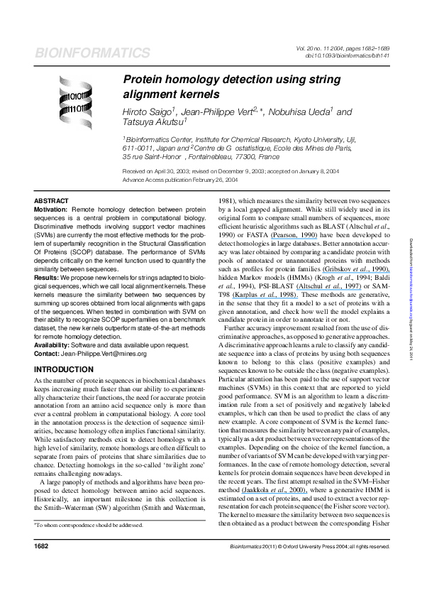 Pdf Protein Homology Detection Using String Alignment Kernels 3670