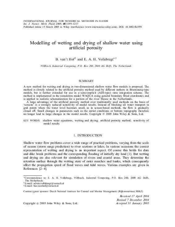 (PDF) Modelling of wetting and drying of shallow water using artificial porosity