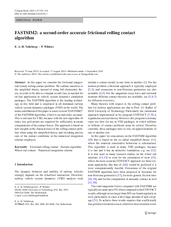 (PDF) FASTSIM2: a second-order accurate frictional rolling contact algorithm