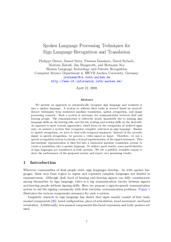(PDF) Spoken language processing techniques for sign language recognition and translation